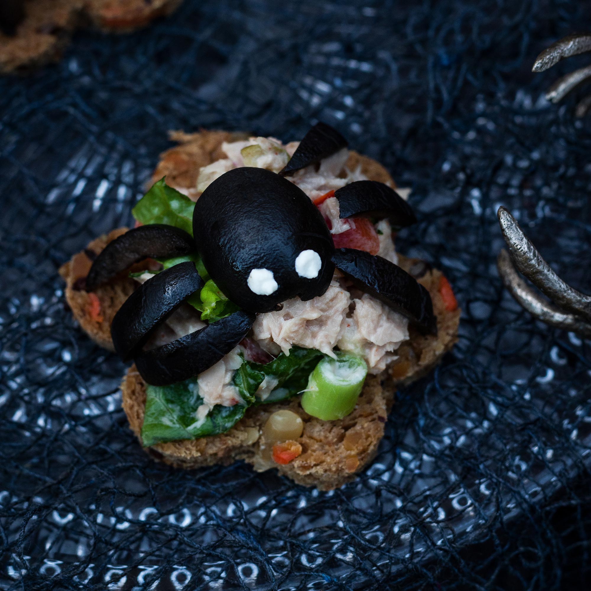 Spiders on tuna salad and round protein bread slices – Mestemacher